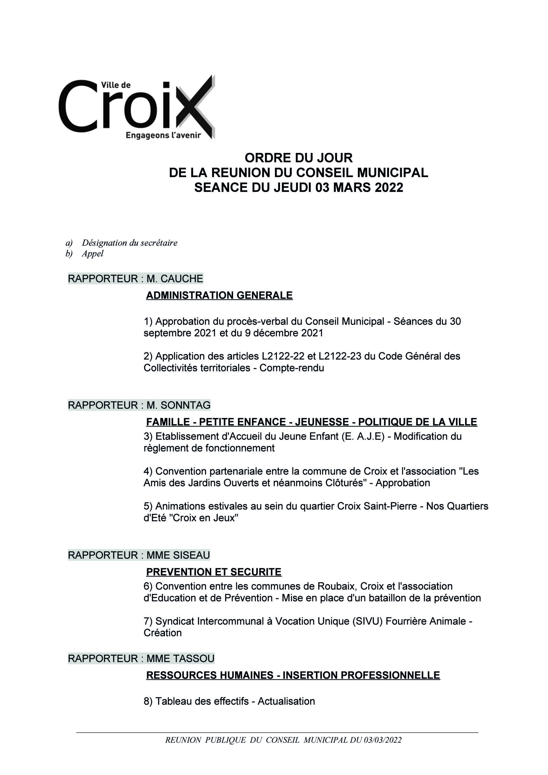Ville de Croix Conseil municipal du 3 mars 2022 - Ordre du jour - Ville ... Ville de Croix Conseil municipal du 3 mars 2022 - Ordre du jour - Ville ...